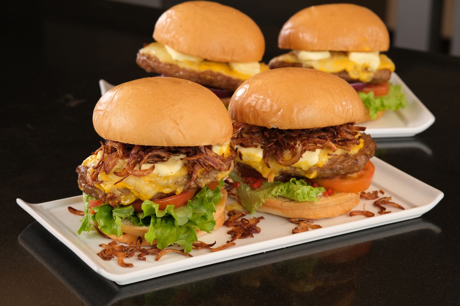 TRIPLE CHEESE ANGUS BURGER WITH SWEET PEPPER RELISH & CRISPY FRIED ...